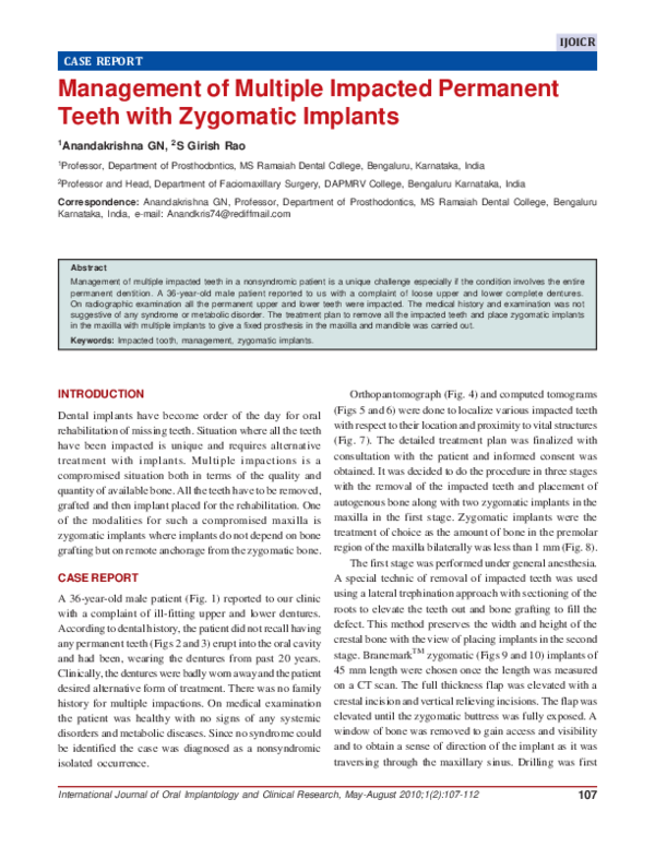 (PDF) Management of Multiple Impacted Permanent Teeth with Zygomatic ...
