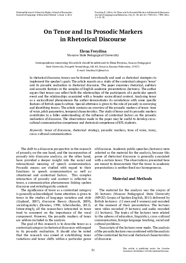 (PDF) On Tenor and its Prosodic Markers in Rhetorical Discourse