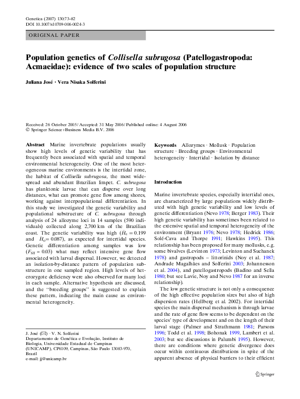 (PDF) Population genetics of Collisella subrugosa (Patellogastropoda: Acmaeidae): evidence of ...