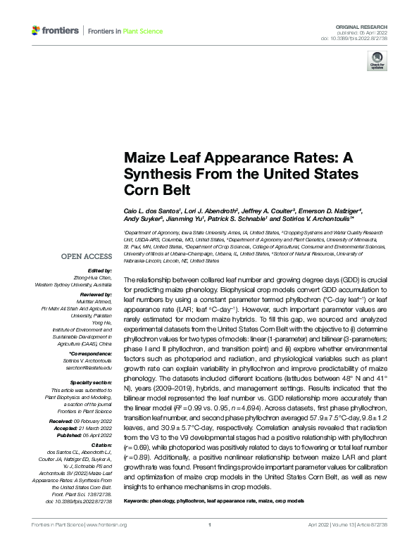 (PDF) Maize Leaf Appearance Rates: A Synthesis From the United States ...