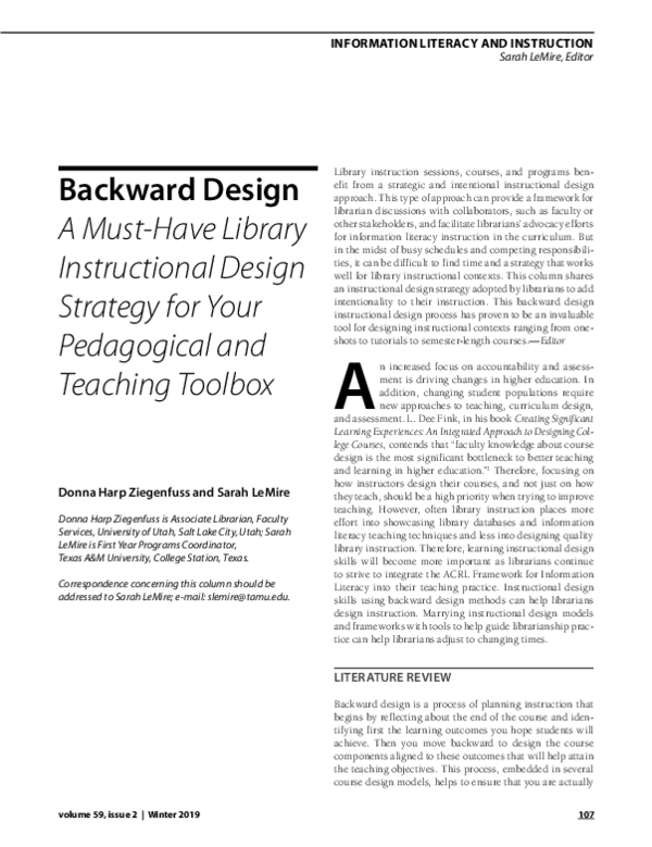 (PDF) Information Literacy and Instruction: Backward Design: A Must ...