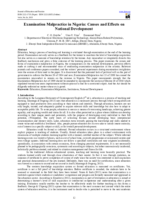 (PDF) Examination Malpractice in Nigeria: Causes and Effects on ...