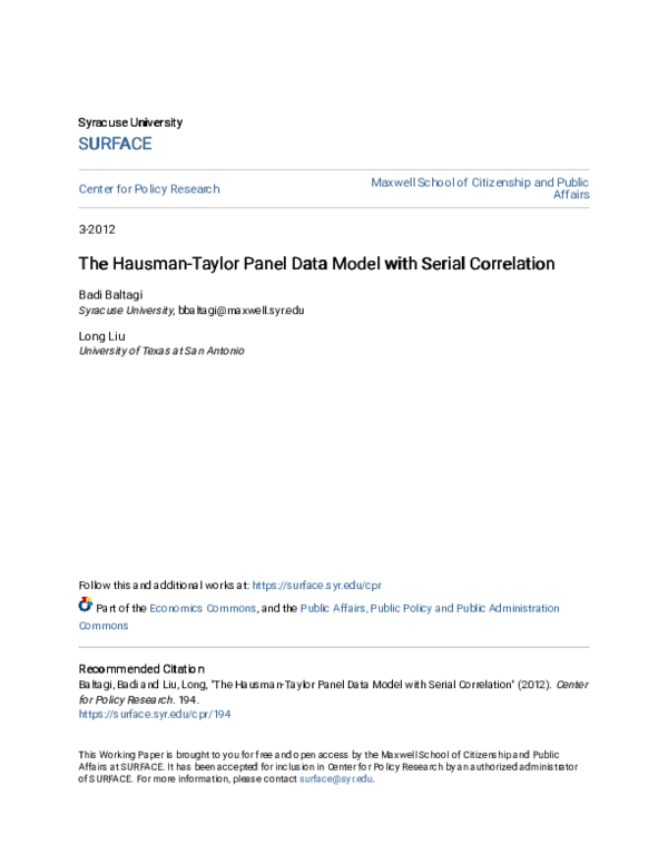 (PDF) The Hausman–Taylor panel data model with serial correlation