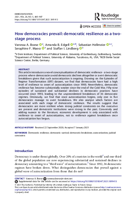 (PDF) How democracies prevail: democratic resilience as a two-stage process