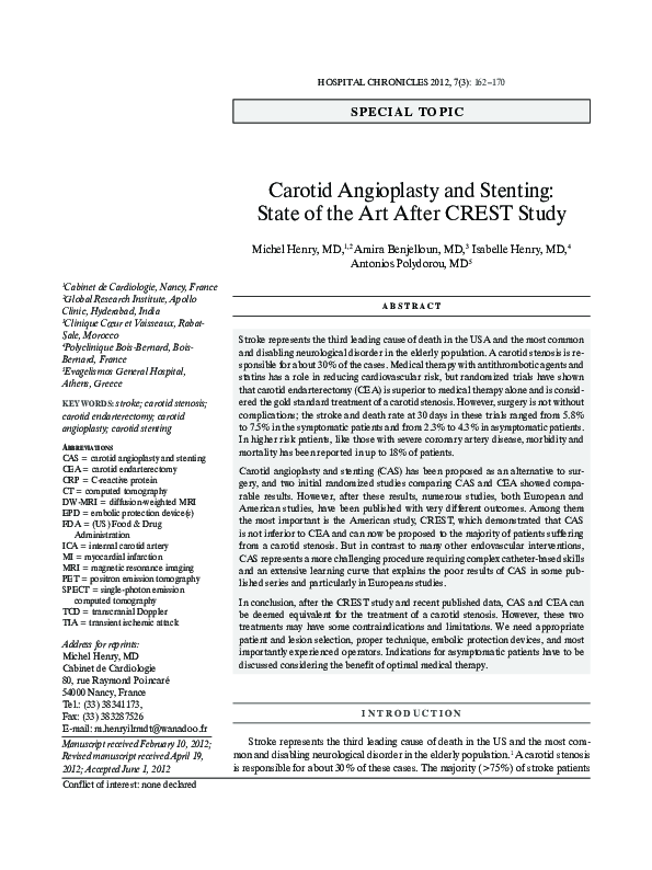 (PDF) Carotid Angioplasty and Stenting: State-of-the-Art After CREST Study