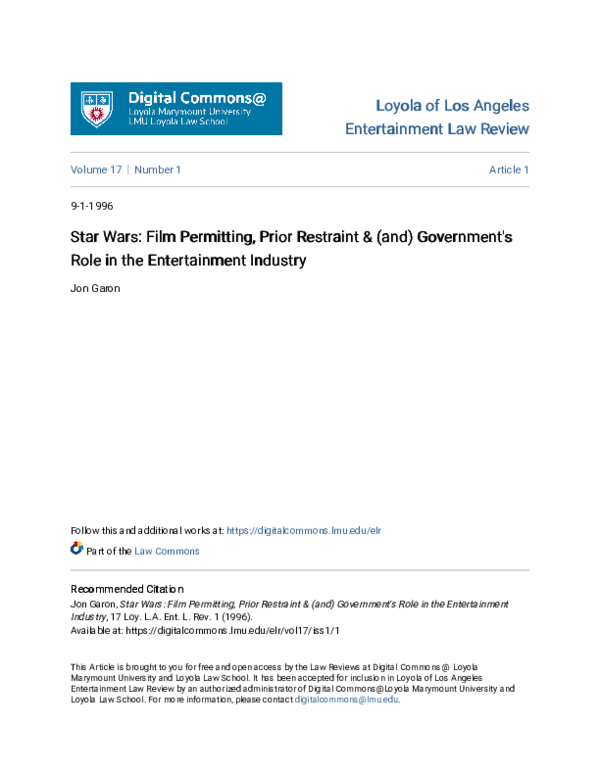 (PDF) Star Wars: Film Permitting, Prior Restraint & (and) Government's ...