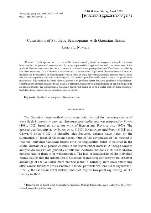 (PDF) Calculation of Synthetic Seismograms with Gaussian Beams