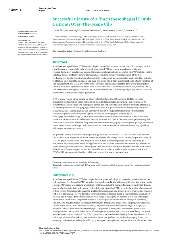 (PDF) Successful Closure of a Tracheoesophageal Fistula Using an Over ...