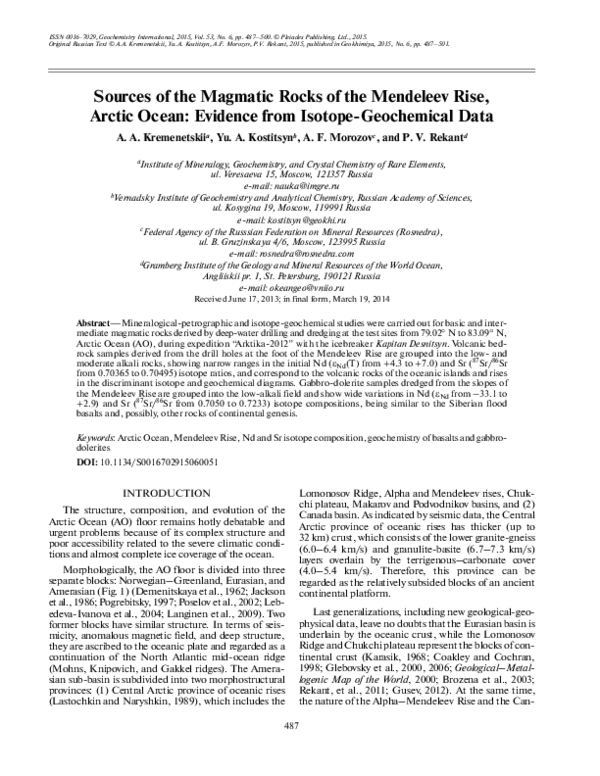 (PDF) Sources of the magmatic rocks of the Mendeleev Rise, Arctic Ocean ...