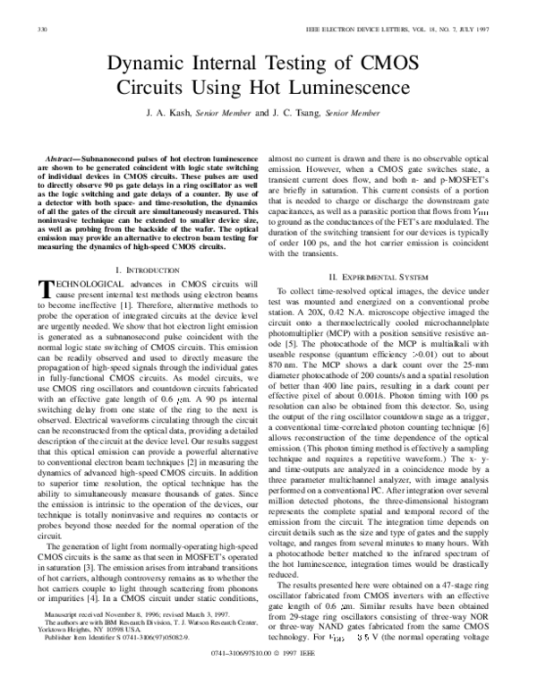 Dynamic internal testing of CMOS circuits using hot luminescence