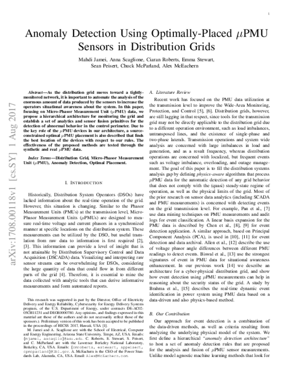 Pdf Anomaly Detection Using Optimally Placed Micro Pmu Sensors In Distribution Grids