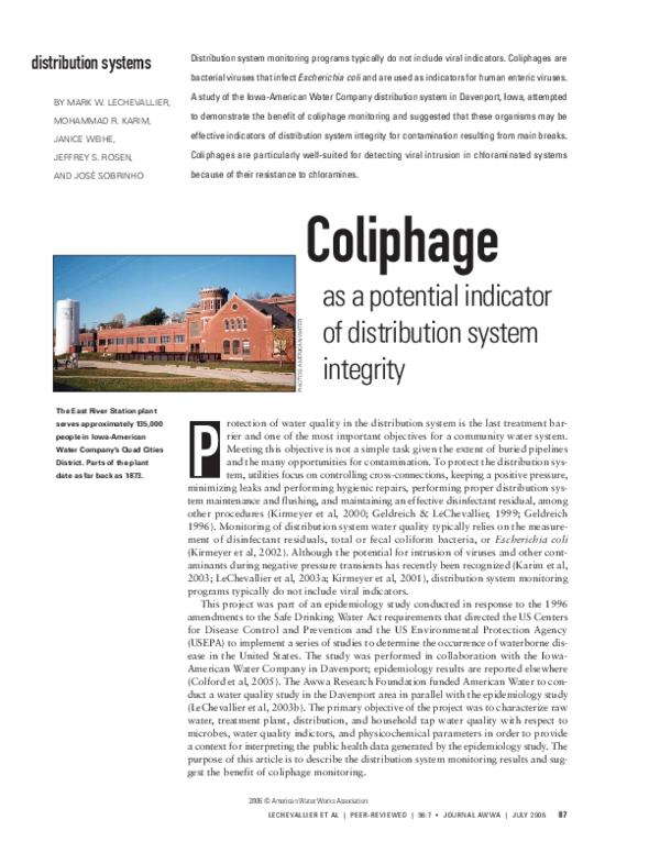 (PDF) Coliphage as a potential indicator l of distribution system integrity