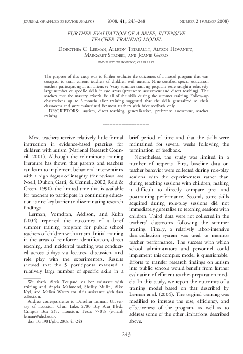 (PDF) Further Evaluation of a Brief, Intensive Teacher‐Training Model