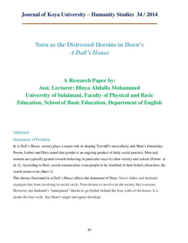 (PDF) Nora as the Distressed Heroine in Ibsen's A Doll's House