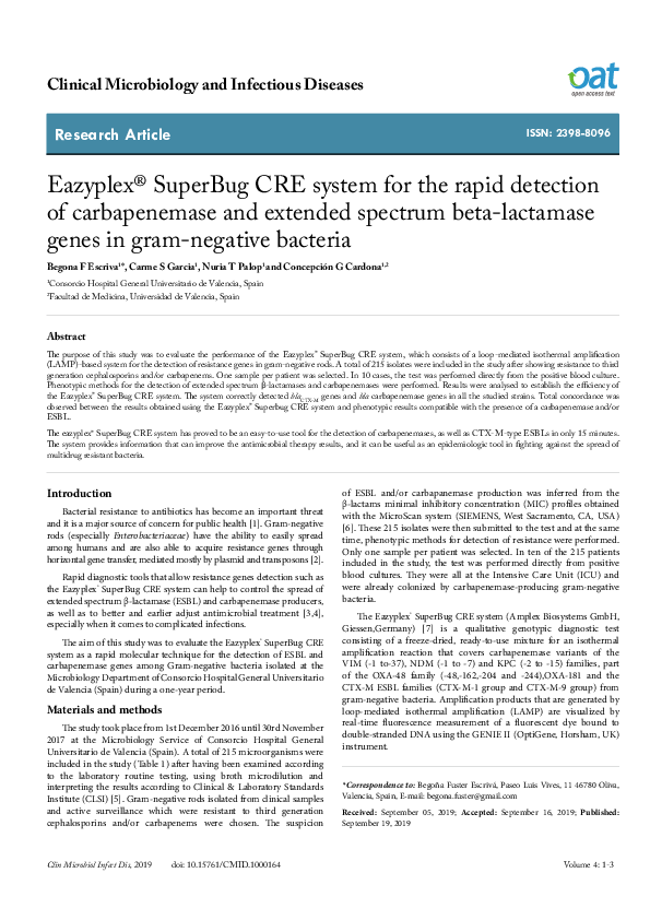 (PDF) Eazyplex® SuperBug CRE system for the rapid detection of carbapenemase and extended ...