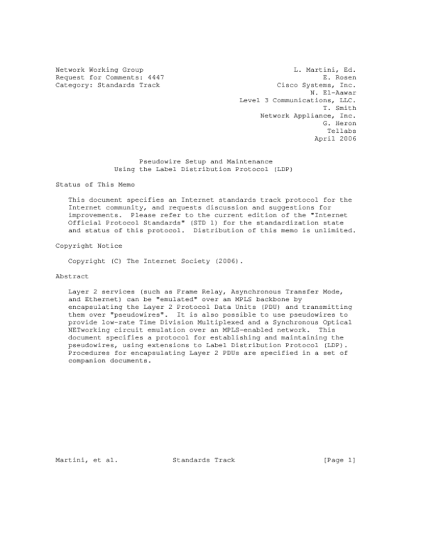 (PDF) Pseudowire Setup and Maintenance Using the Label Distribution Protocol (LDP)