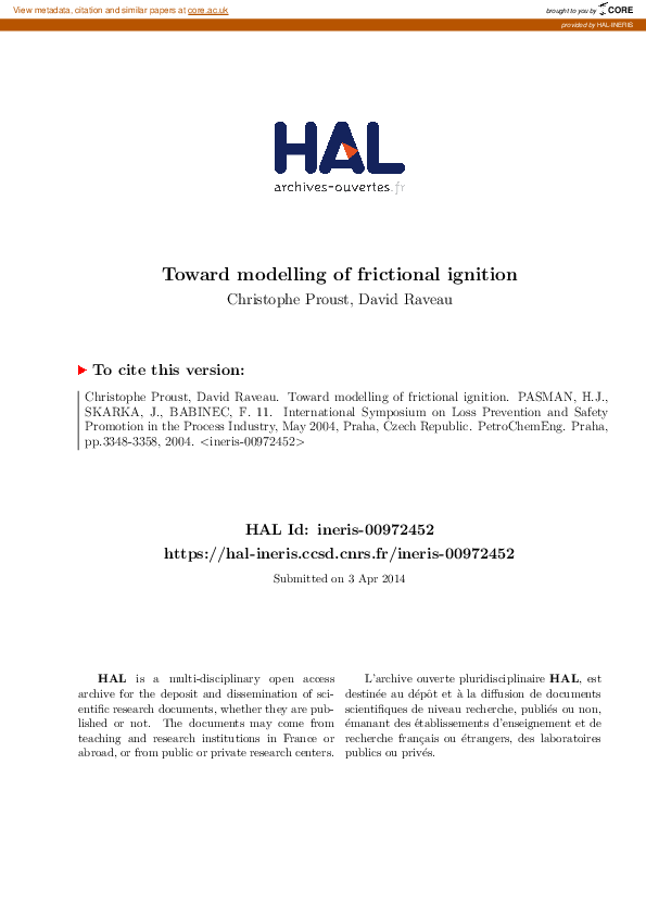 (PDF) Toward modelling of frictional ignition