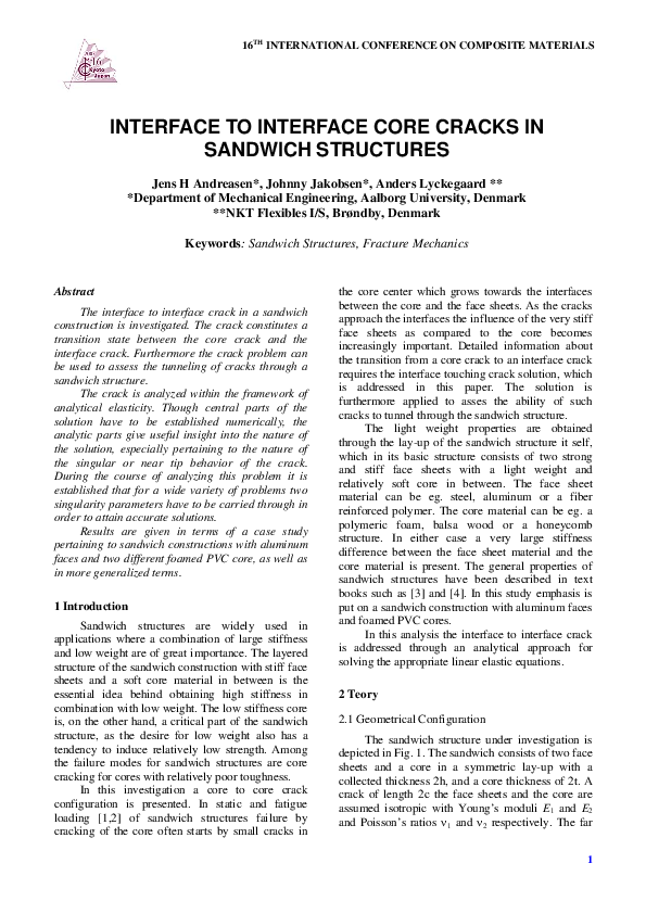 (PDF) Interface to Interface Core Cracks in Sandwich Structures