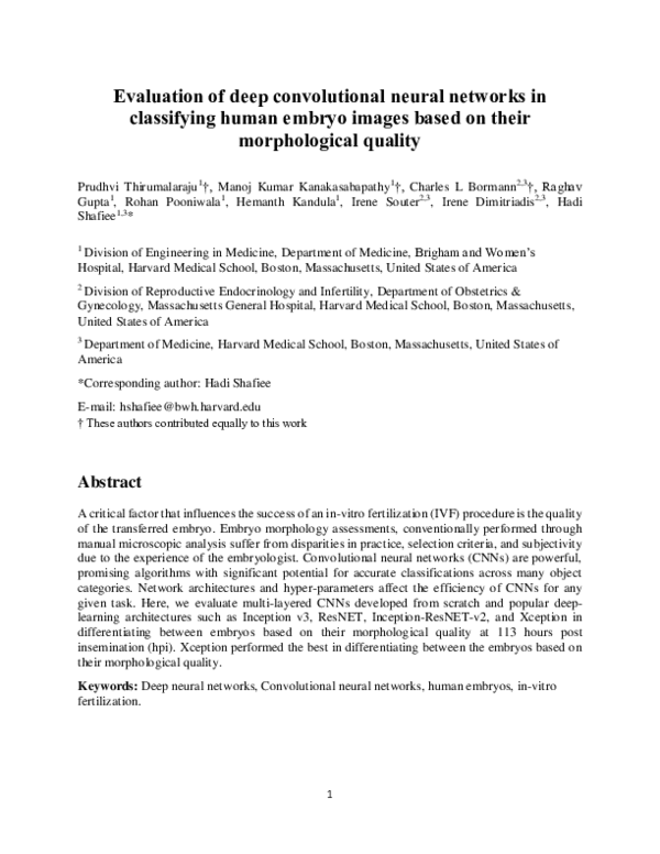 (PDF) Evaluation of deep convolutional neural networks in classifying human embryo images based ...