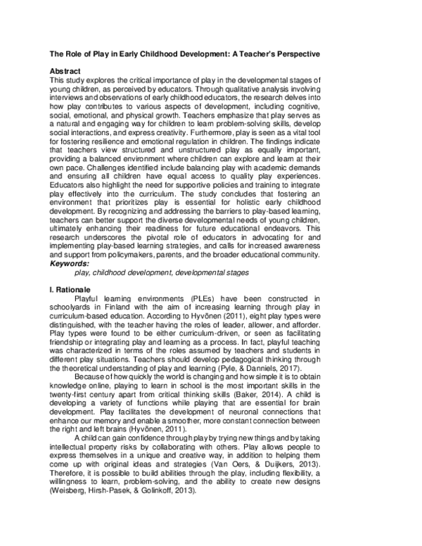 (PDF) The Role of Play in Early Childhood Development: A Teacher's ...