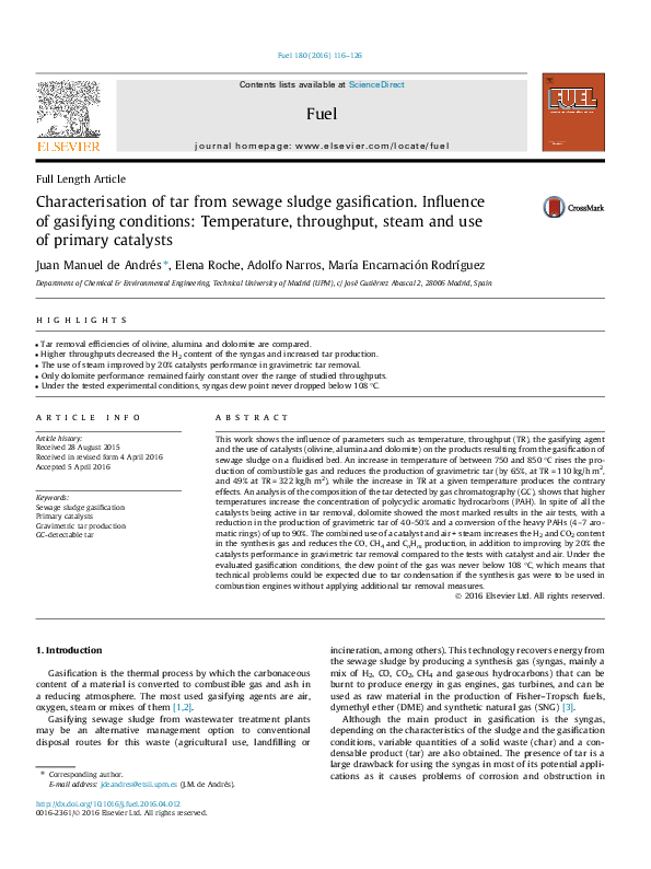 (PDF) Characterisation of tar from sewage sludge gasification ...