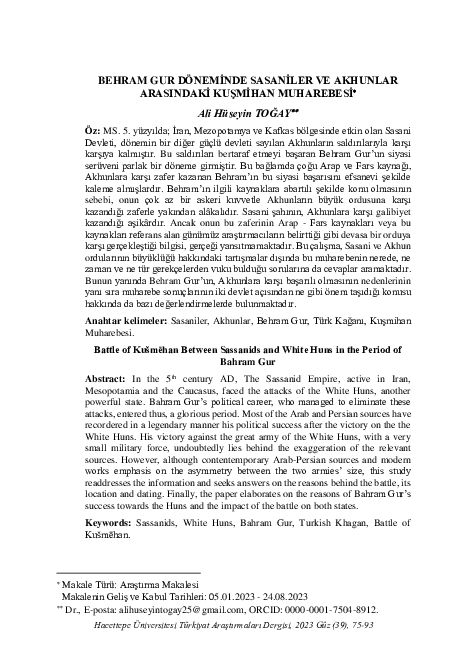 (PDF) BEHRAM GUR DÖNEMİNDE SASANİLER VE AKHUNLAR ARASINDAKİ KUŞMİHAN ...