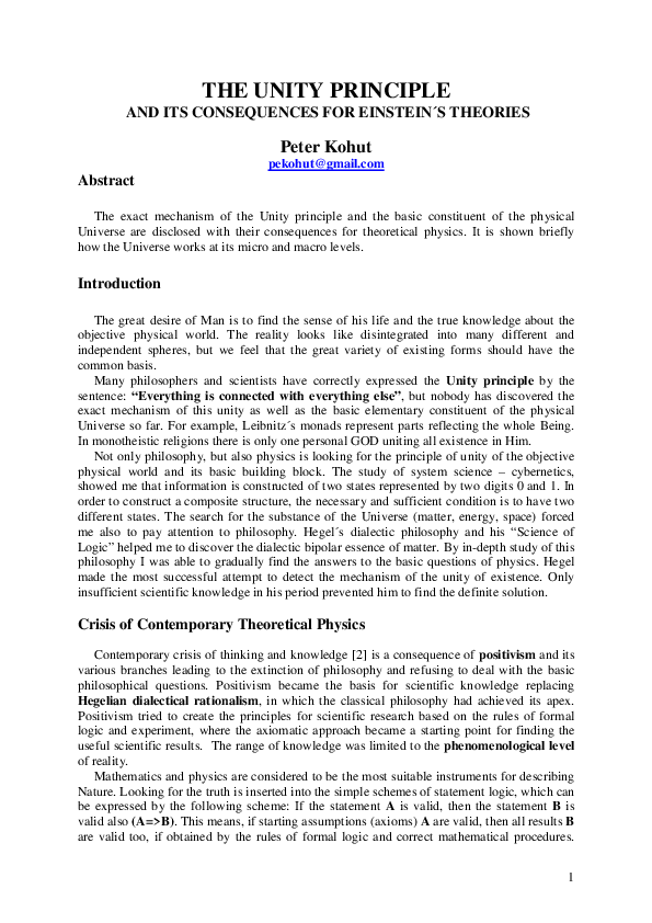 (PDF) The Unity Principle and its Consequences for Einstein´s Theories