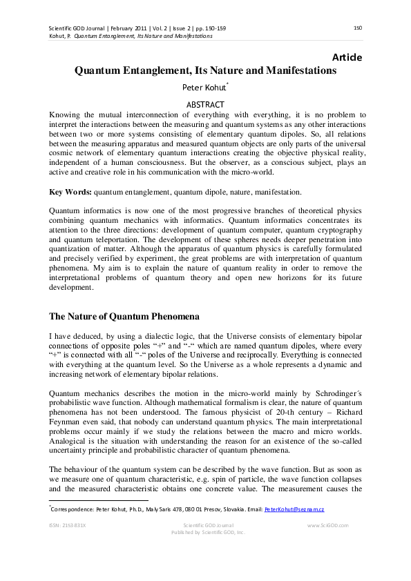 (PDF) Quantum Entanglement, Its Nature and Manifestations