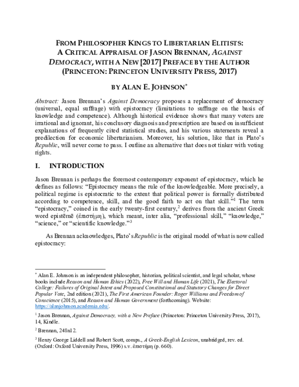 (PDF) From Philosopher Kings to Libertarian Elitists: A Critical ...