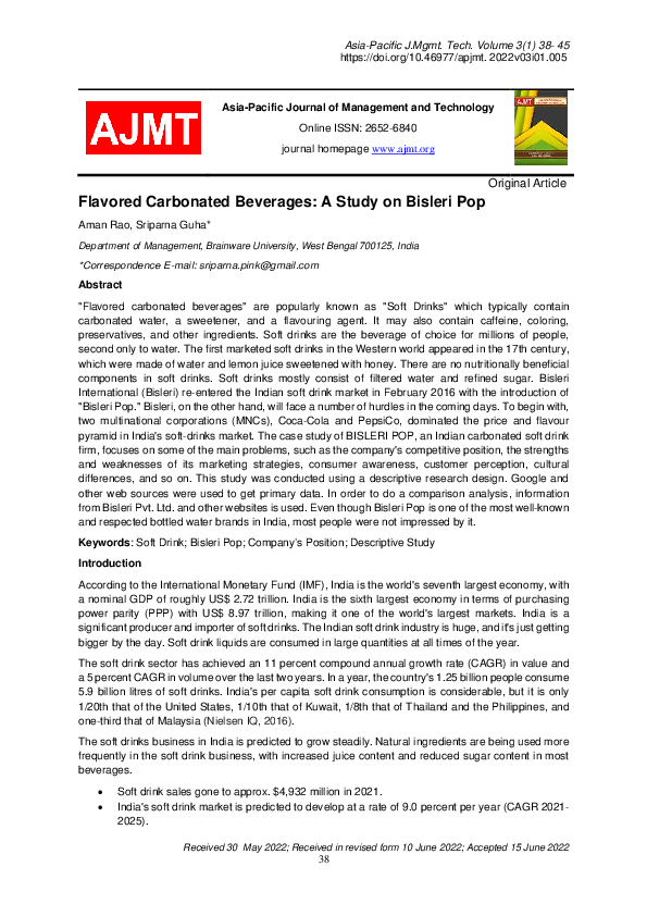 (PDF) Flavored Carbonated Beverages: A Case Study on Bisleri Pop