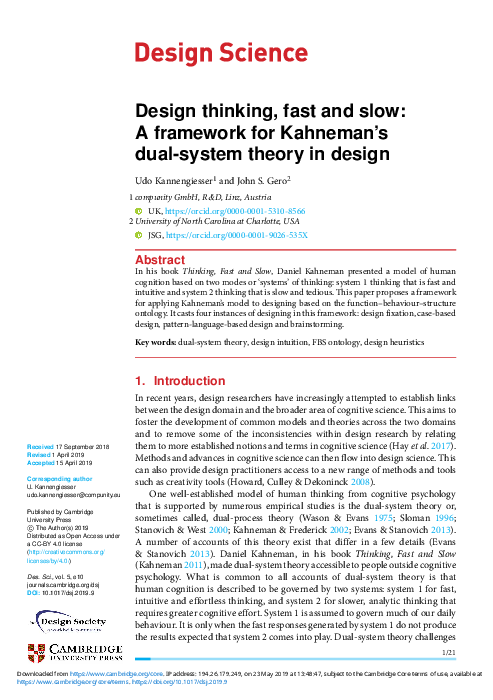 (PDF) Design thinking, fast and slow: A framework for Kahneman’s dual ...