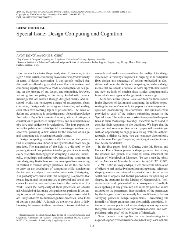 (PDF) Special Issue: Design Computing and Cognition