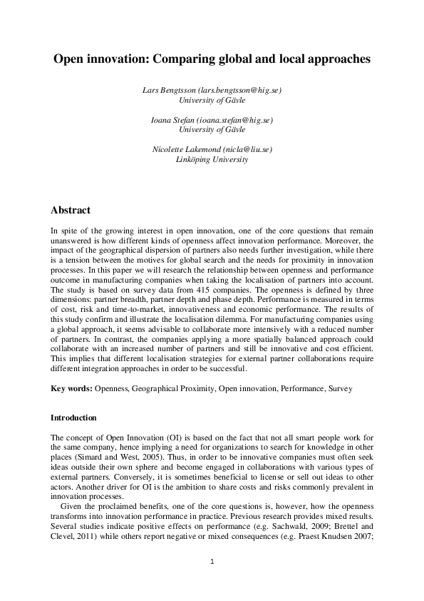 (PDF) Open innovation: Comparing global and local approaches