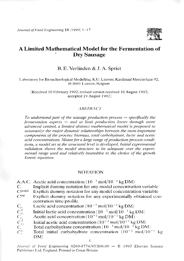 (PDF) A Limited Mathematical Model for the Fermentation of Dry Sausage
