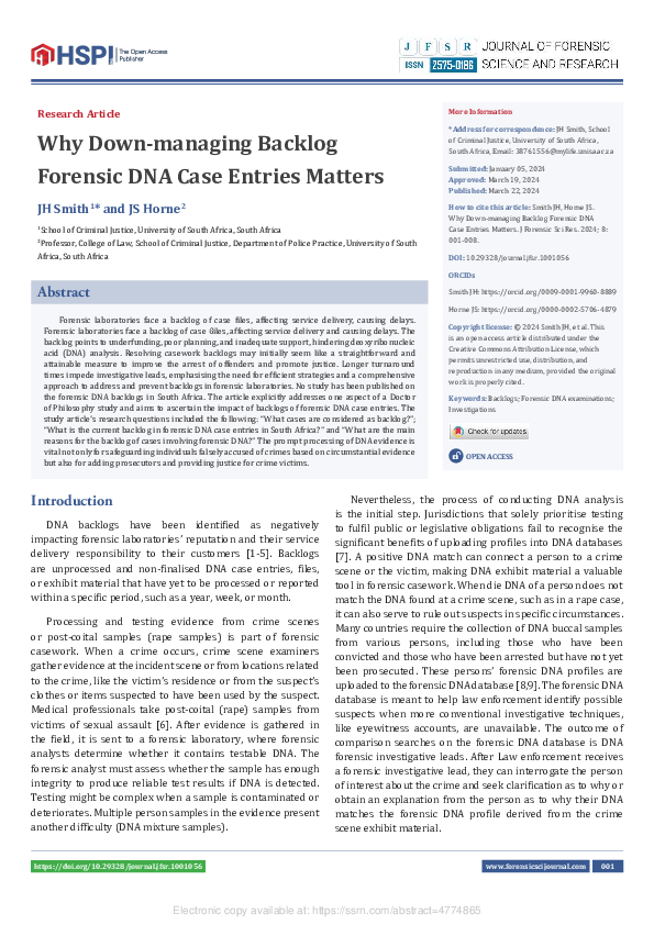 (PDF) Why Down managing Backlog Forensic DNA Case Entries Matter | Joe ...