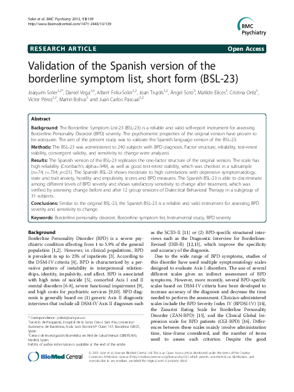 (PDF) Validation of the Spanish version of the borderline symptom list ...