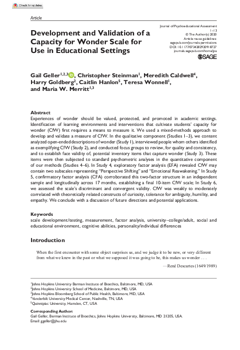 (PDF) Development and Validation of a Capacity for Wonder Scale for Use ...