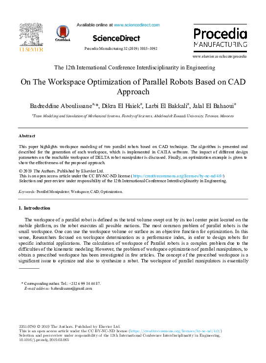 (PDF) On The Workspace Optimization of Parallel Robots Based on CAD ...