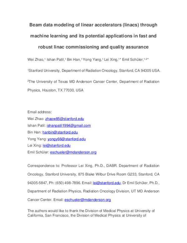 (PDF) Beam data modeling of linear accelerators (linacs) through machine learning and its ...