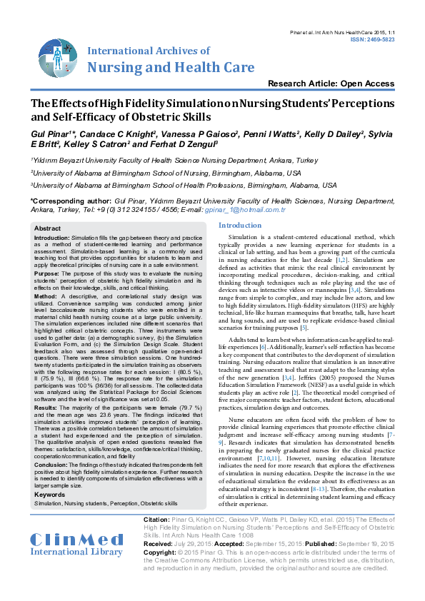 (PDF) The Effects of High Fidelity Simulation on Nursing Students' Perceptions and Self-Efficacy ...