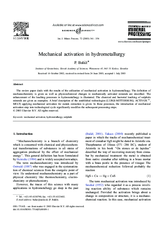 (PDF) Mechanical activation in hydrometallurgy