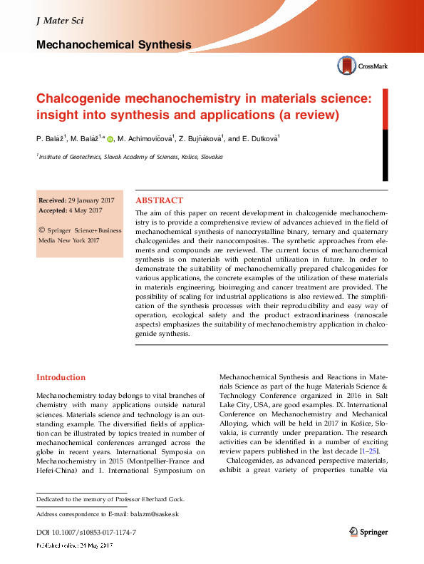 (PDF) Chalcogenide mechanochemistry in materials science: insight into synthesis and ...