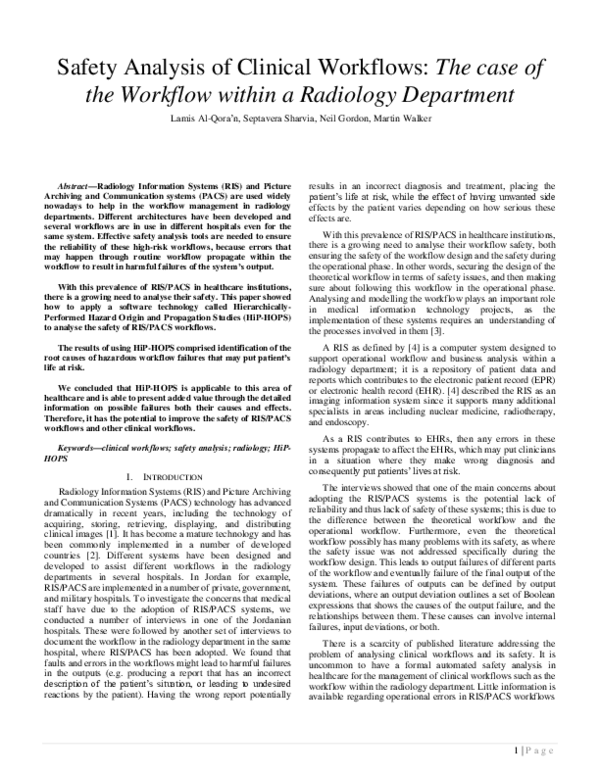 (PDF) Safety Analysis of Radiology Workflows Using HiP-HOPS