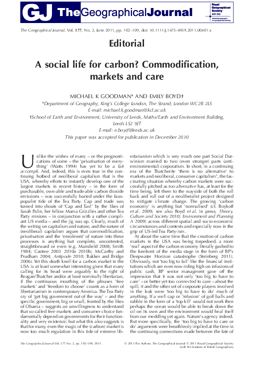 (PDF) A social life for carbon? Commodification, markets and care