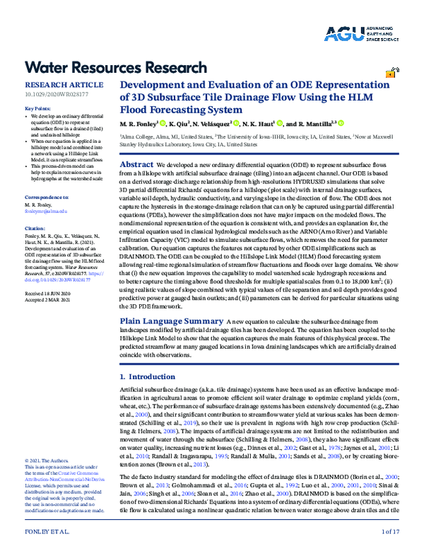 (PDF) Development and Evaluation of an ODE Representation of 3D Subsurface Tile Drainage Flow ...