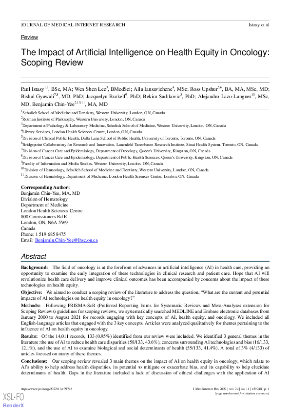 (PDF) The Impact of Artificial Intelligence on Health Equity in Oncology: Scoping Review