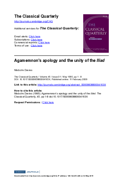 (PDF) Agamemnon's apology and the unity of the Iliad
