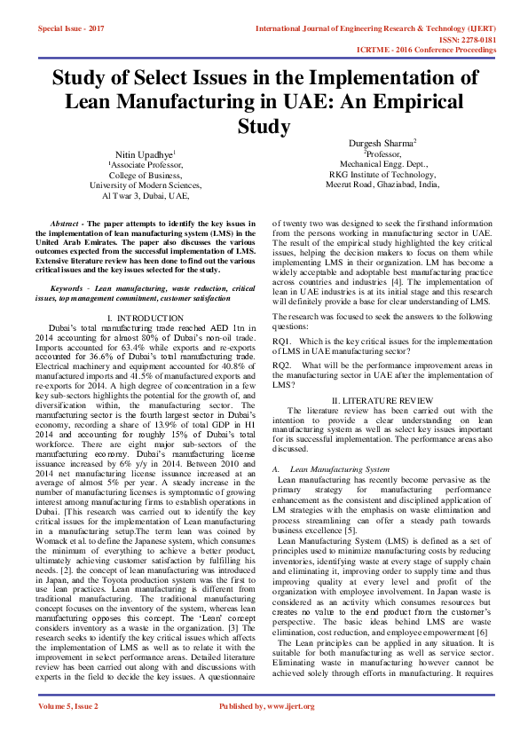 (PDF) Study of Select Issues in the Implementation of Lean Manufacturing in UAE: An Empirical Study