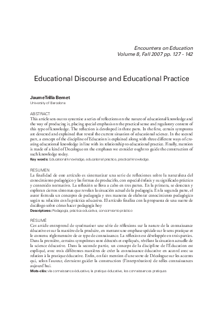 (PDF) Educational Discourse and Educational Practice