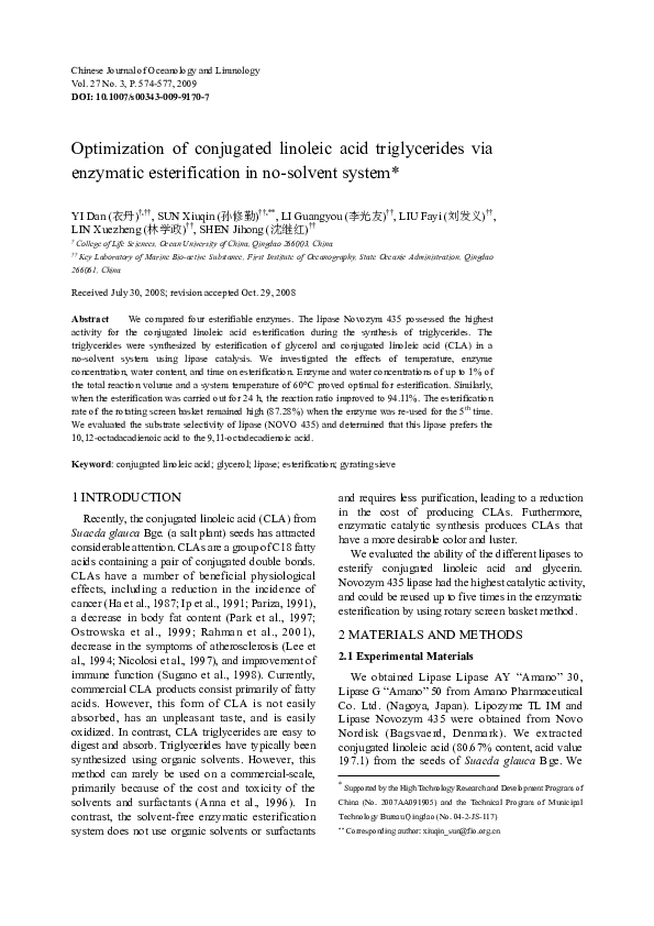 (PDF) Optimization of conjugated linoleic acid triglycerides via ...